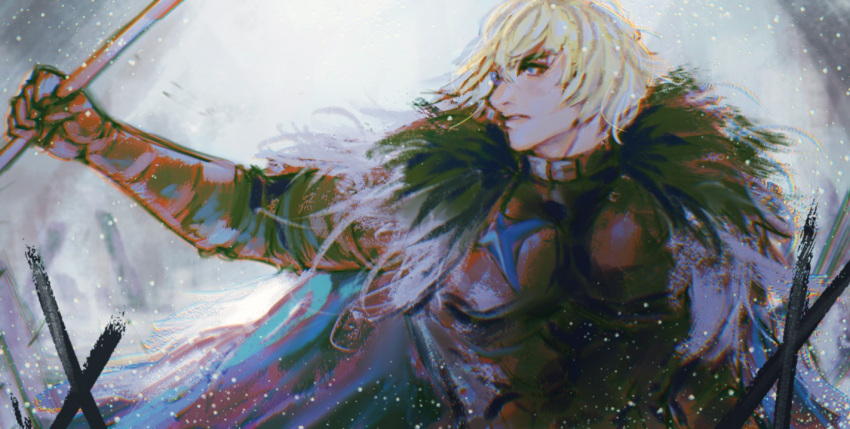 Safebooru - 1boy arm up armor black armor black fur blonde hair blue cape blue eyes breastplate ...