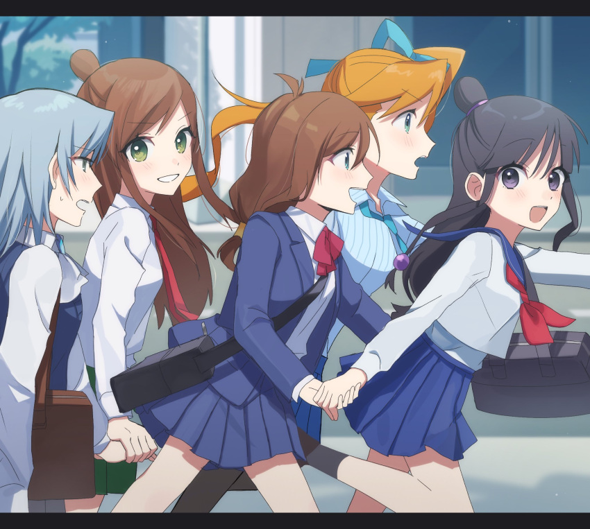 Safebooru - 5girls ace attorney ascot athena cykes bag black bag black hair blue necktie blue ...