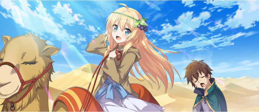 Safebooru - 1boy 1girl :d ahoge blonde hair blue eyes blue sky braid brown hair camel cape ...