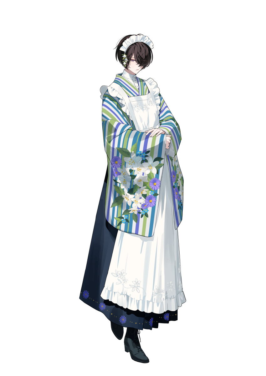 Safebooru - 1boy absurdres apron black boots black hair black skirt ...