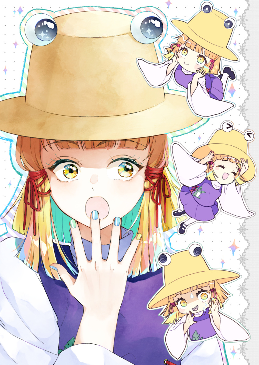 Safebooru - animal print blonde hair blunt bangs blunt ends brown hat chibi chibi inset frog ...