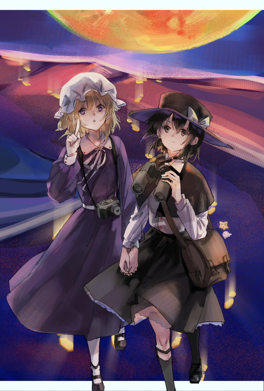 Safebooru - absurdres bag charm binoculars black capelet black hair black hat black shoes black ...