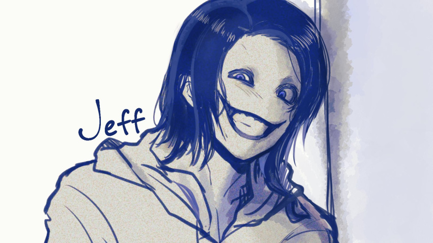 Safebooru - 1boy against wall blue eyes blue hair creepypasta english ...