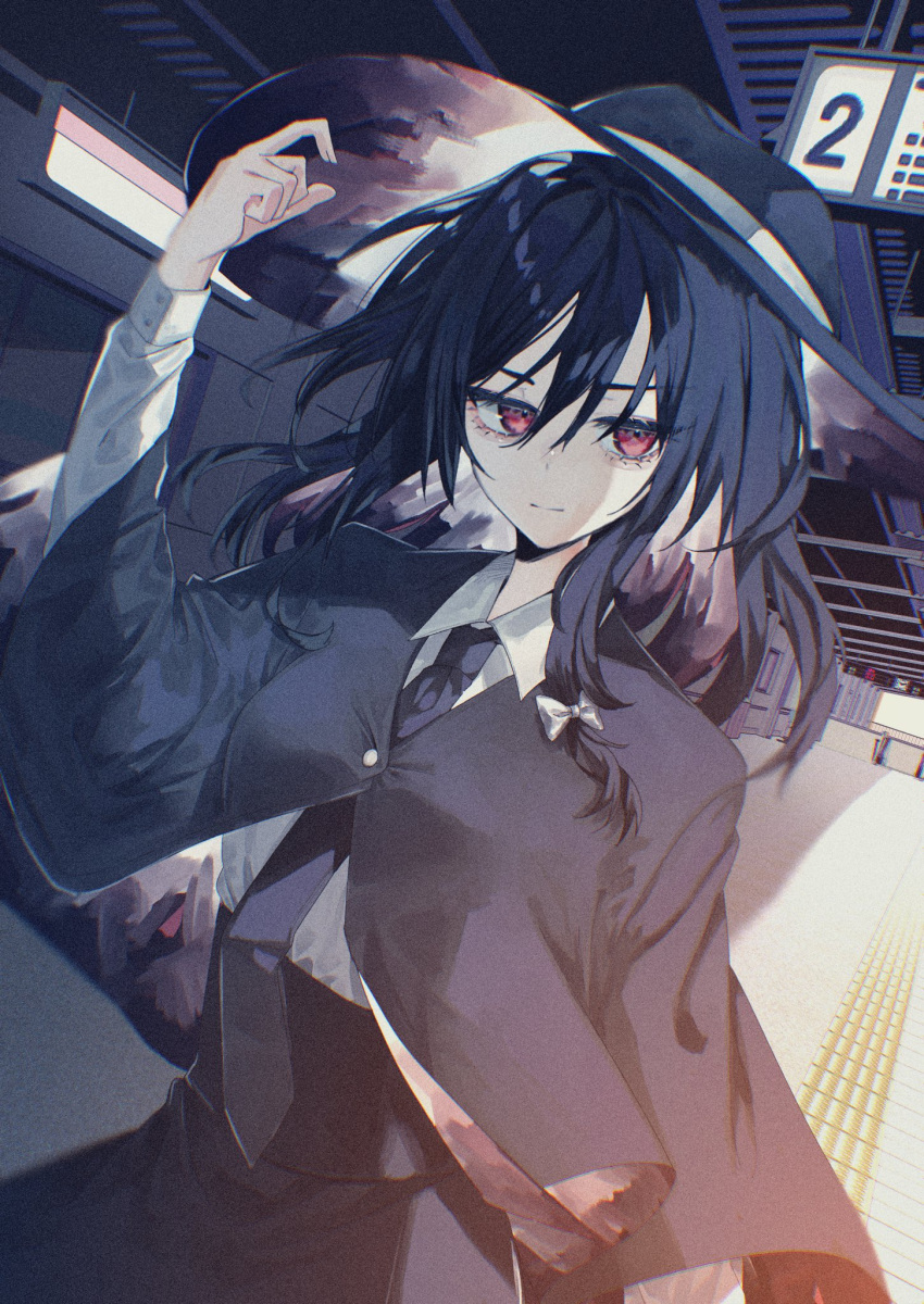 Safebooru - 1girl black cape black hair black necktie black skirt cape closed mouth collared ...