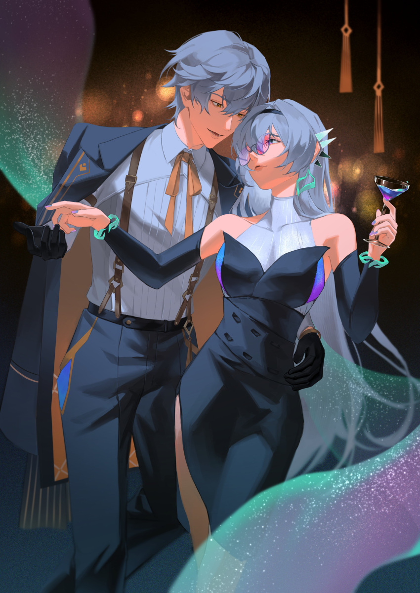 Safebooru - 1boy 1girl absurdres black dress black gloves black hairband black pants black ...