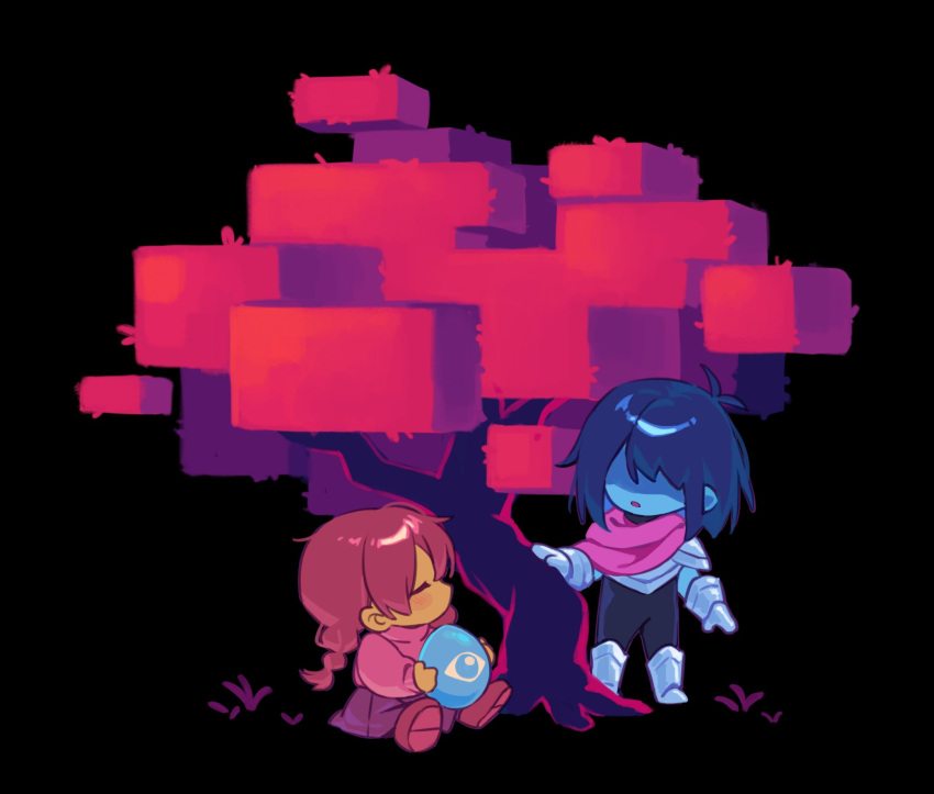 Safebooru - 1girl 1other armor armored boots black background blue hair blue skin boots braid ...