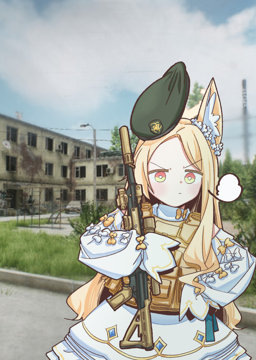 Safebooru - 1girl absurdres animal ear fluff animal ears assault rifle beret blonde hair blue ...