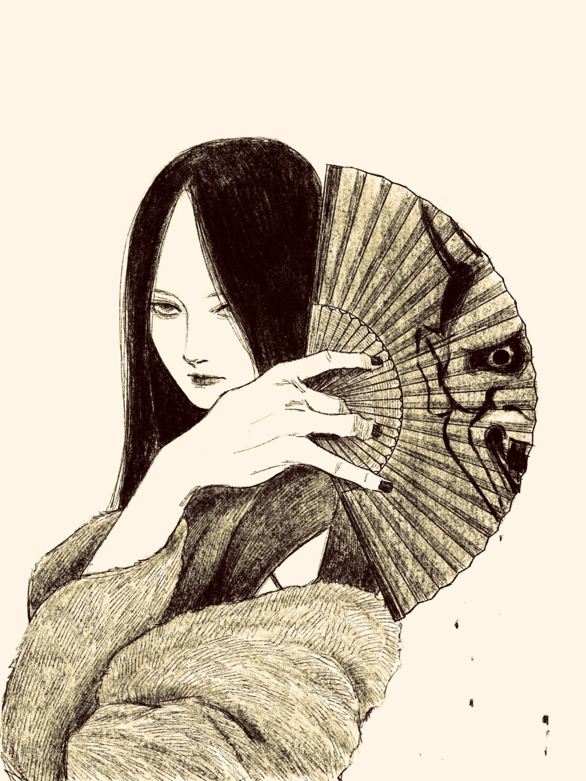 Safebooru - 1girl black hair black nails closed mouth greyscale hand ...