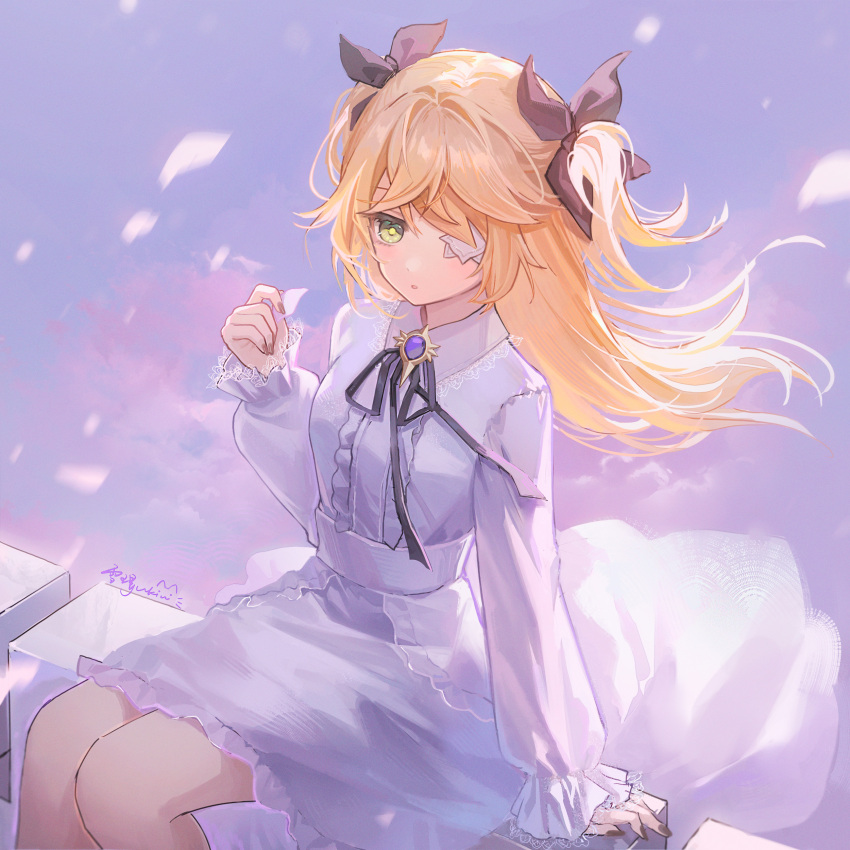 Safebooru - 1girl absurdres alternate costume black bow blonde hair bow collared shirt dress ...