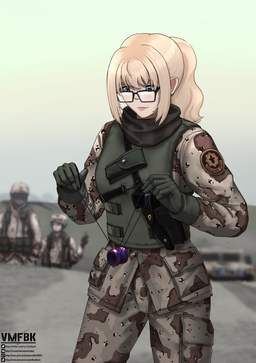 Safebooru - absurdres blonde hair camouflage freckles glasses gloves ...