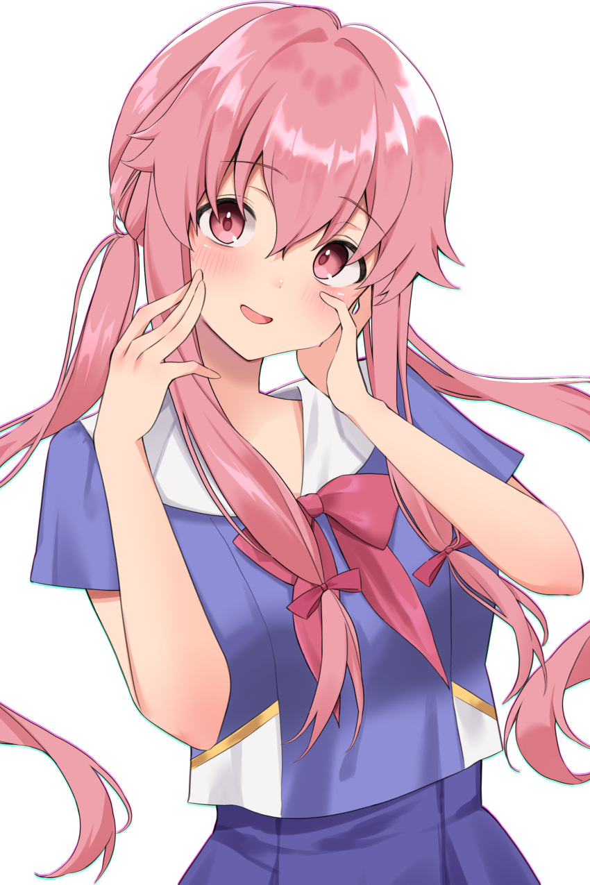 Safebooru - 1girl absurdres blush bow gasai yuno hands on own cheeks hands on own face highres ...