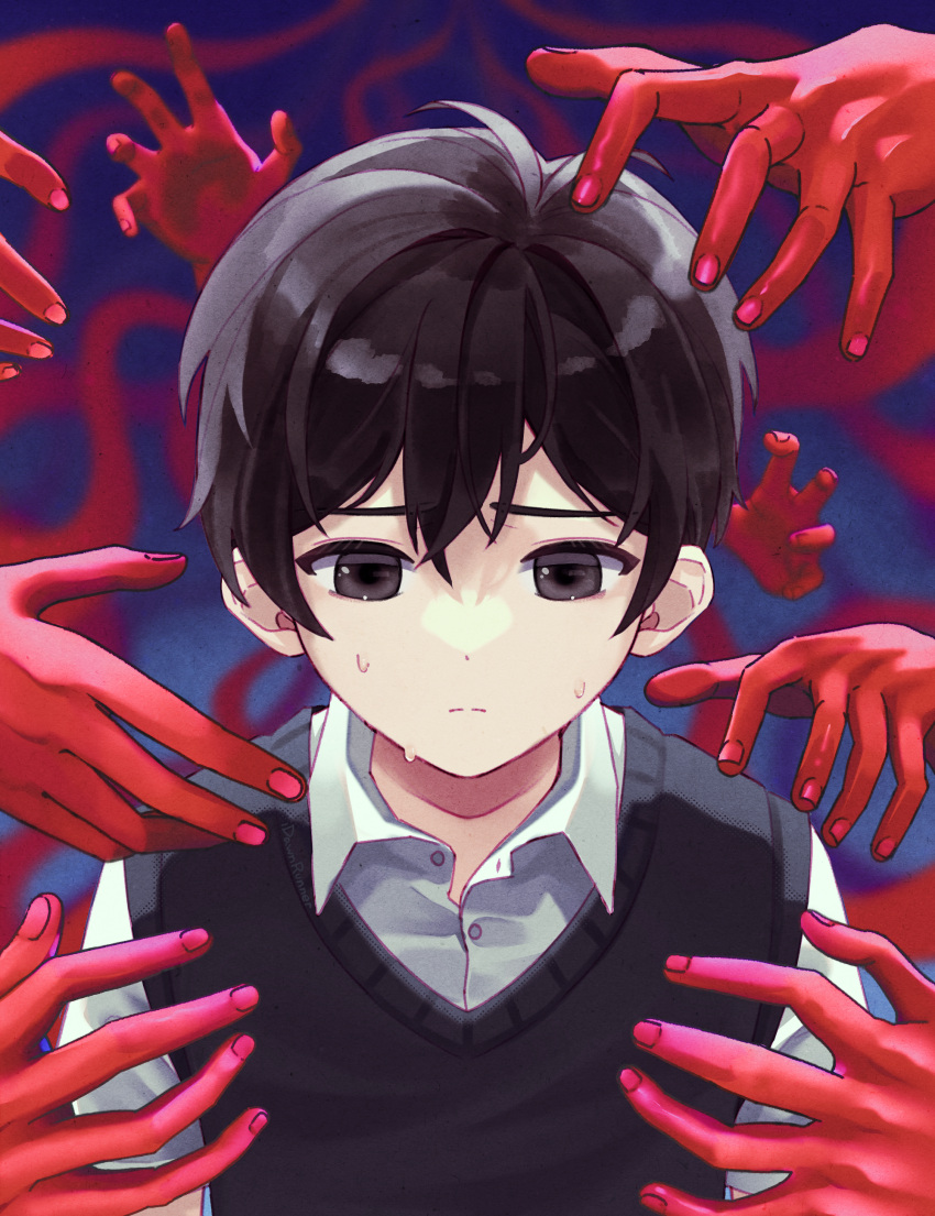 Safebooru - 1boy absurdres antenna hair black eyes black hair black sweater vest buttons closed ...