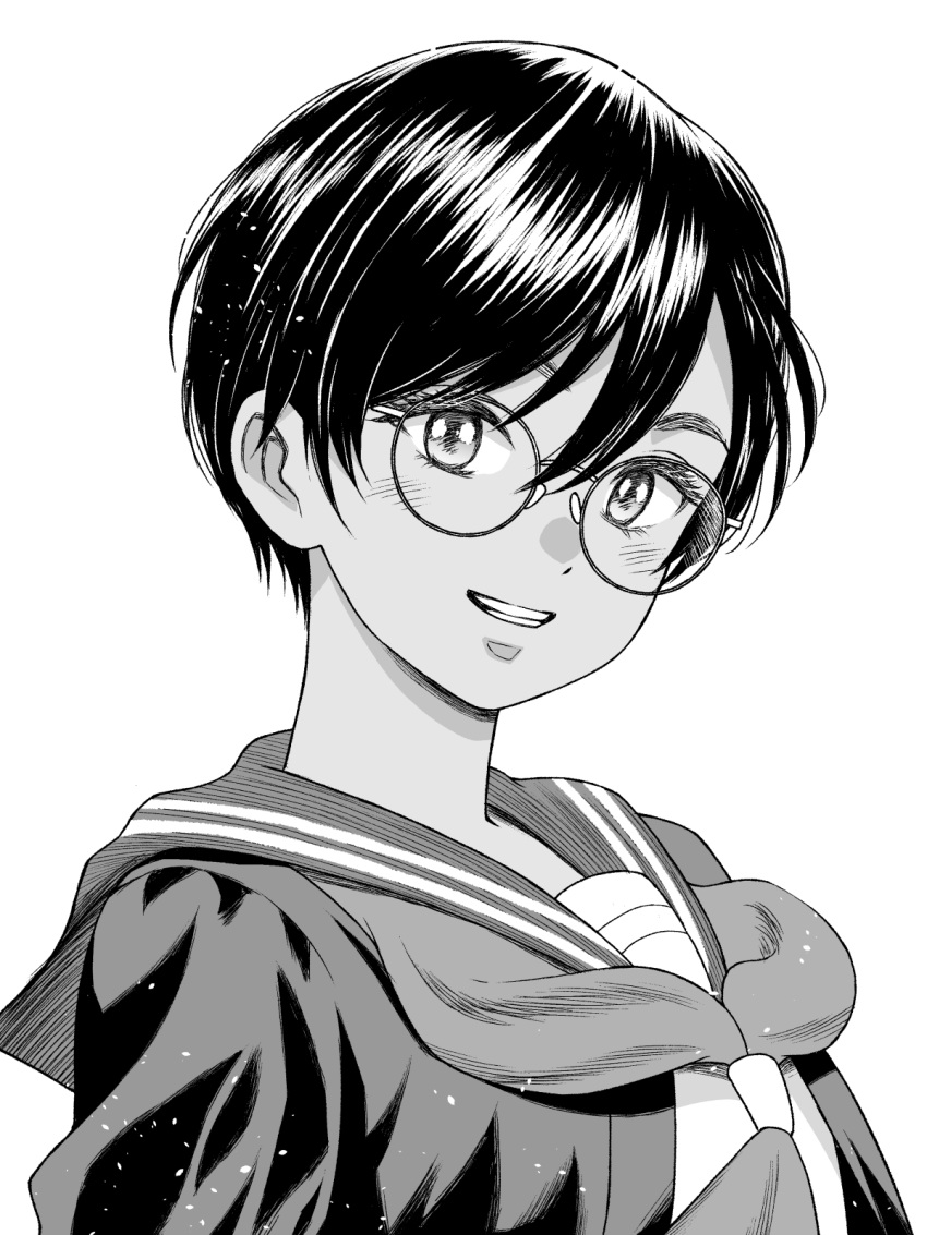 Safebooru - 1girl blush glasses greyscale highres looking at viewer ...