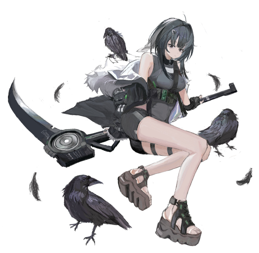 Safebooru - 1girl arknights bare shoulders bird black eyes black feathers black jacket black ...