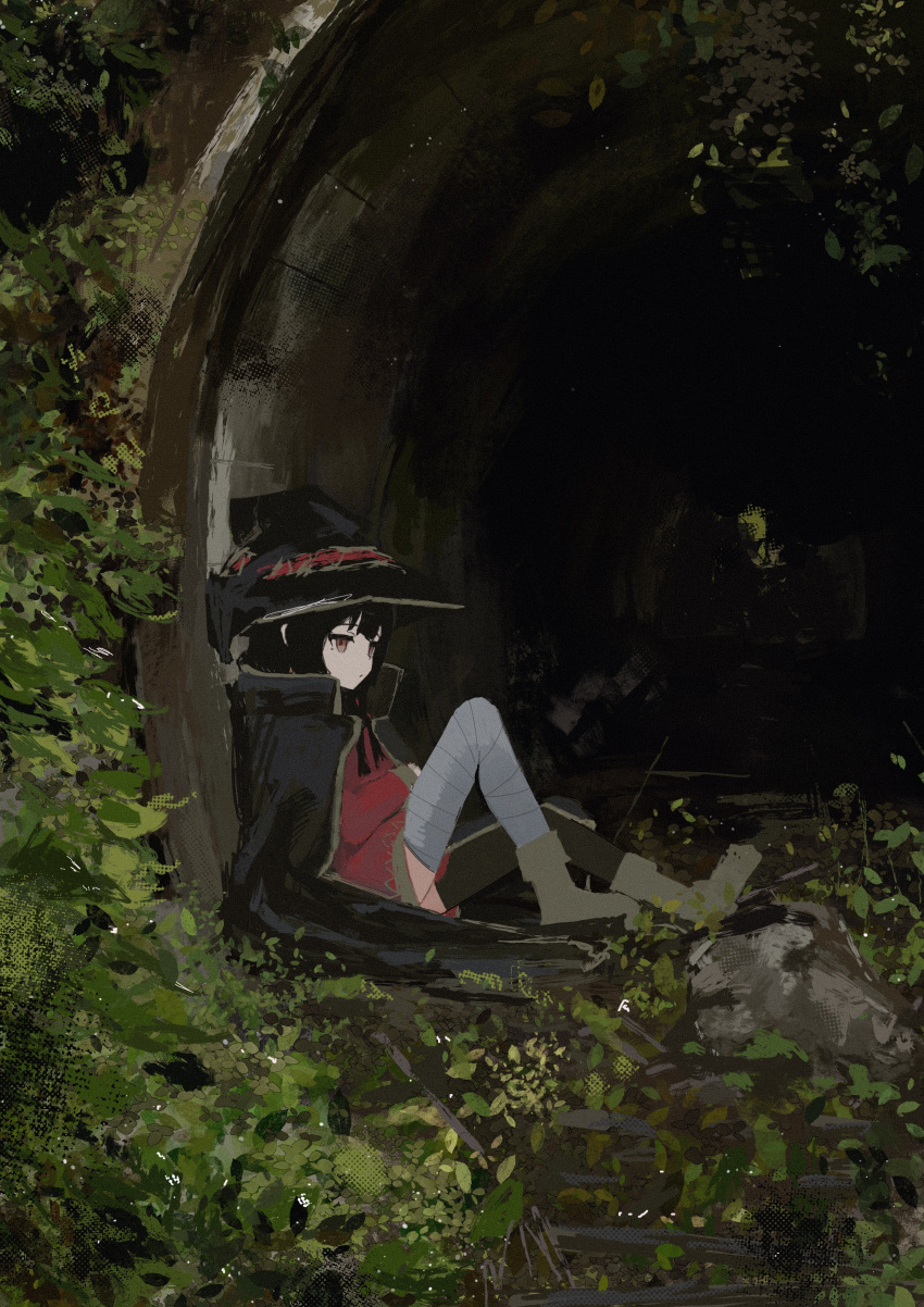 Safebooru - 1girl absurdres after rain asymmetrical legwear bandaged leg bandages black cape ...