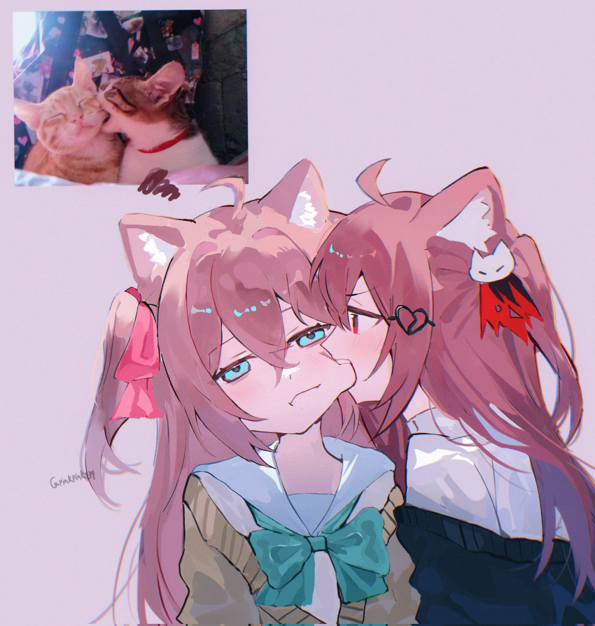 Safebooru - 2girls ahoge animal ear fluff animal ears biting biting cheek black sweater blush ...