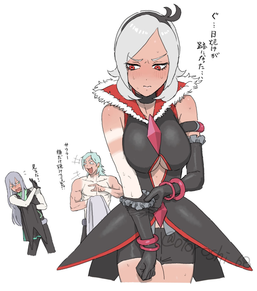 Safebooru - 1girl 2boys abs arm cuffs bare legs bare shoulders black choker black gloves black ...