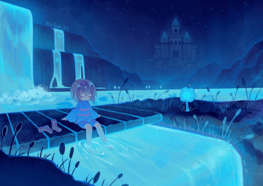 Safebooru - 1other absurdres blue flower blue sky blue theme bridge ...