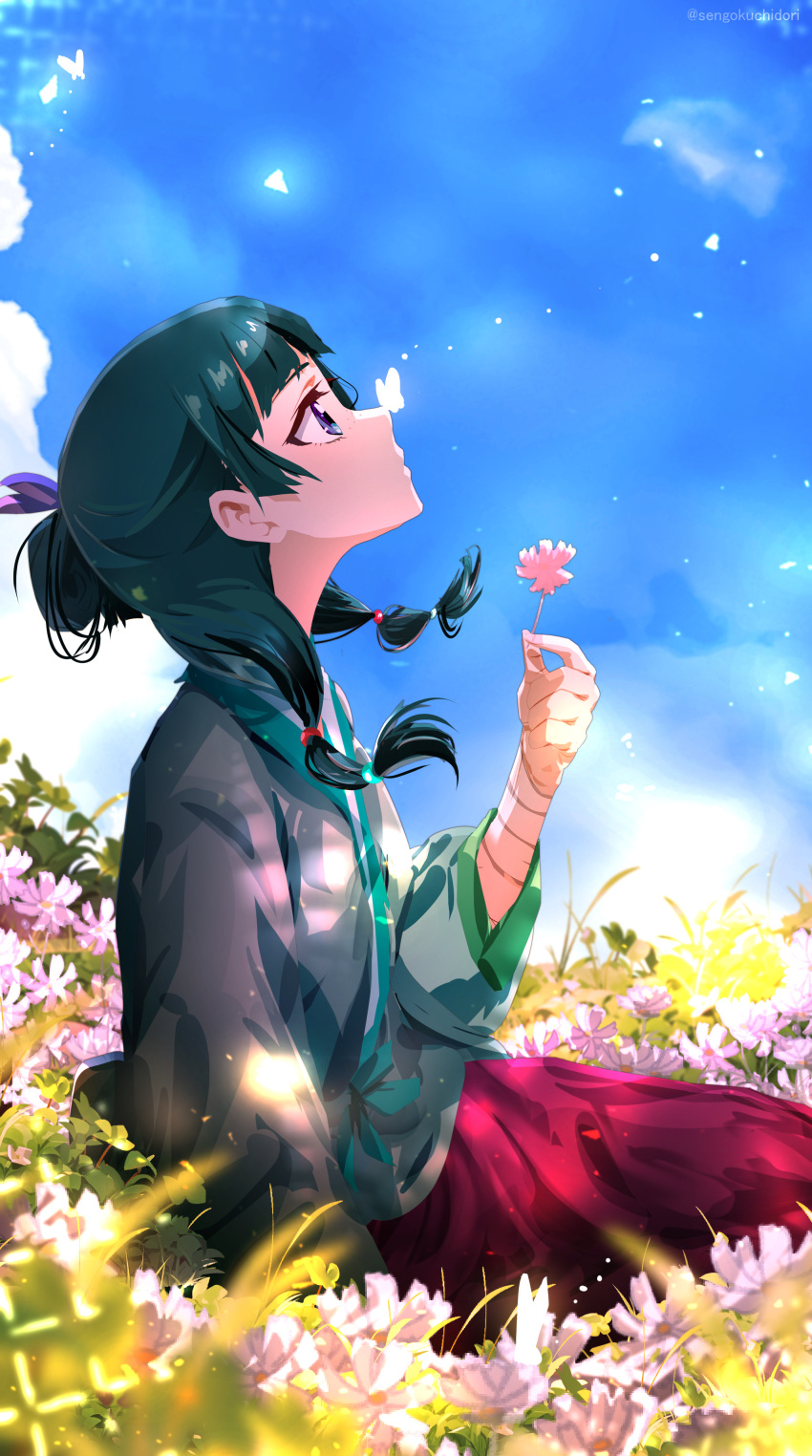 Safebooru - 1girl absurdres bandaged arm bandages beads blue eyes blue sky blunt bangs bow bug ...