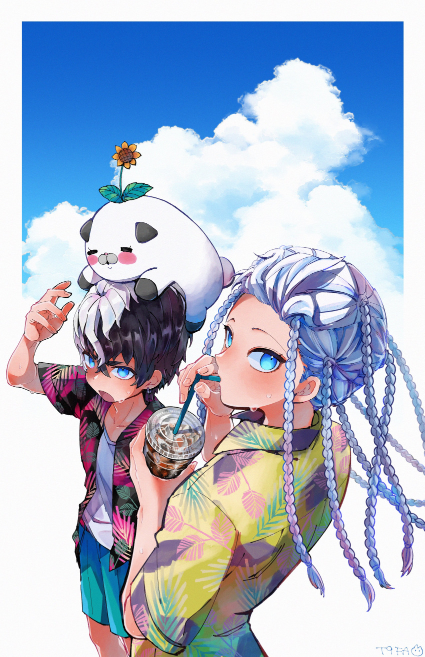 Safebooru - 2boys :o absurdres aqua shorts black hair border braid ...