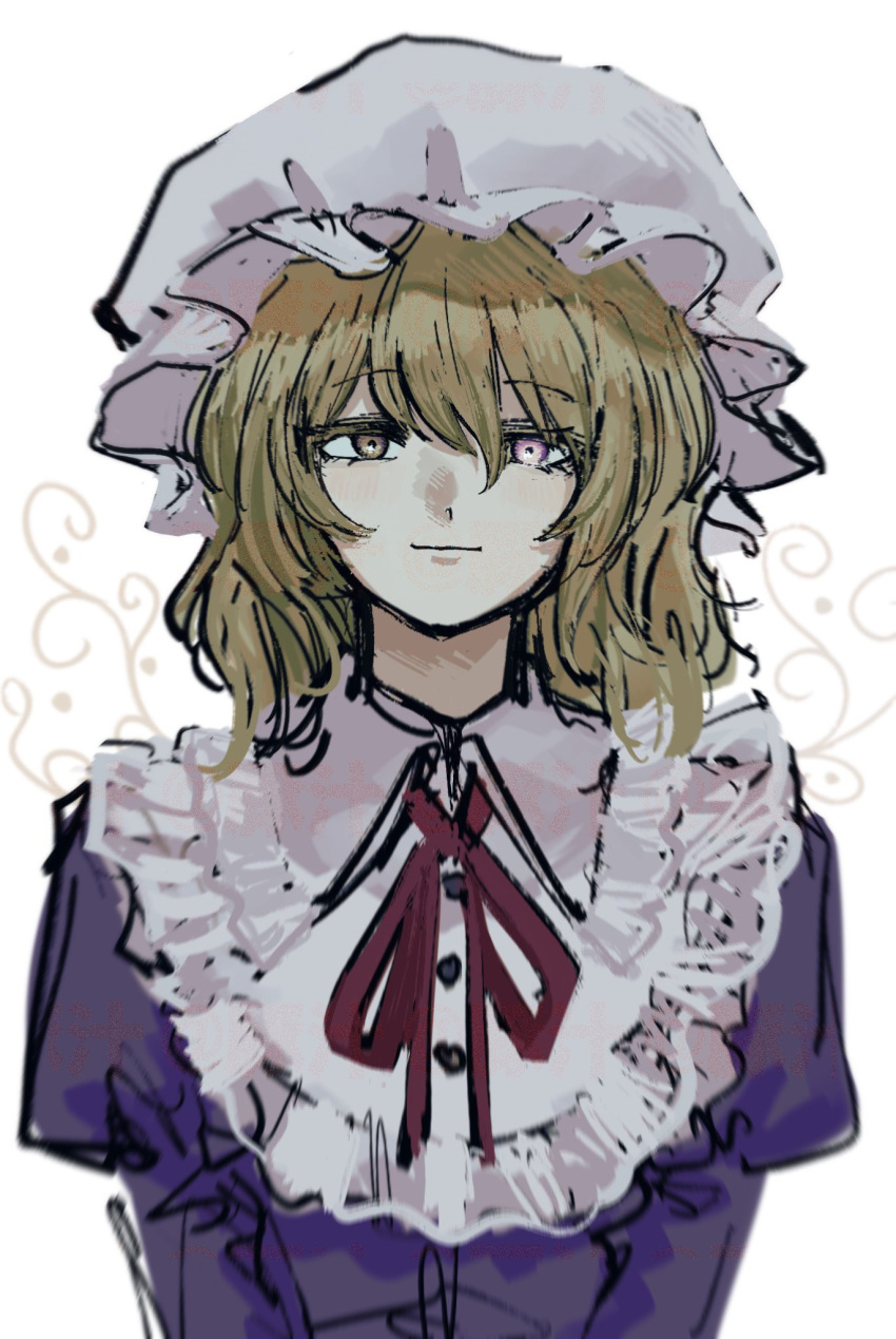 Safebooru - 1girl ame iru blonde hair closed mouth dress hair between eyes hat heterochromia ...