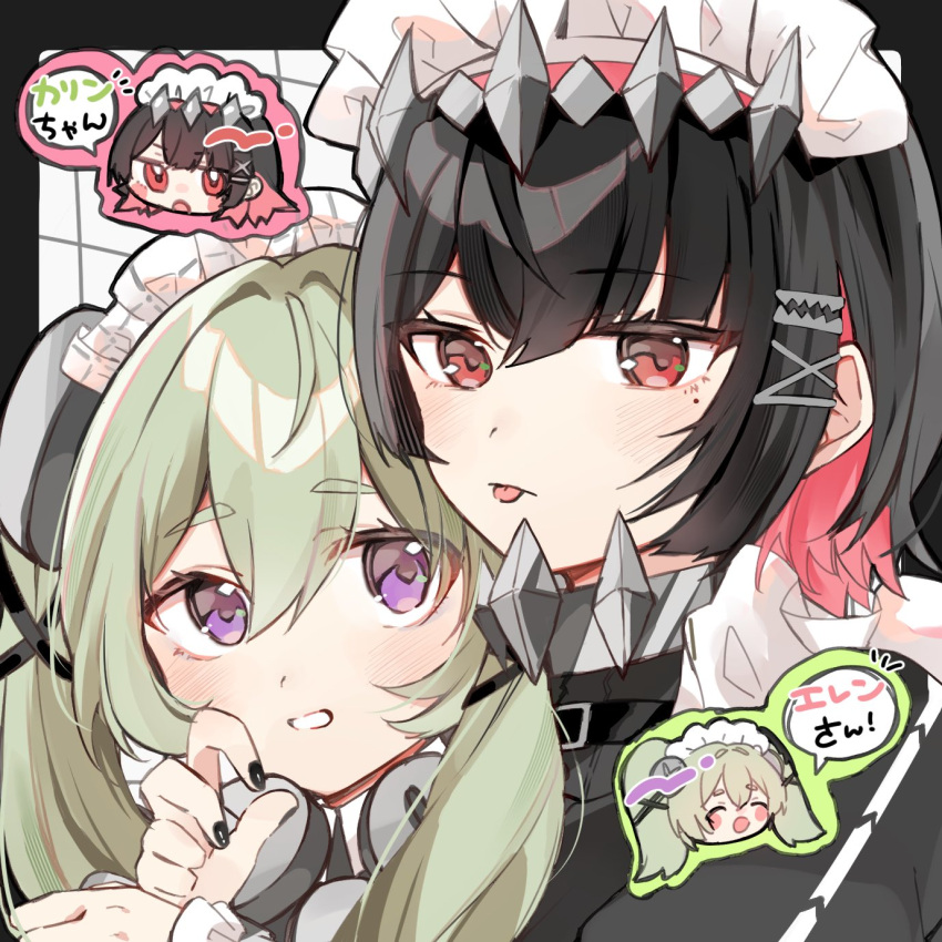 Safebooru - 2girls :p black border black hair black nails border ...