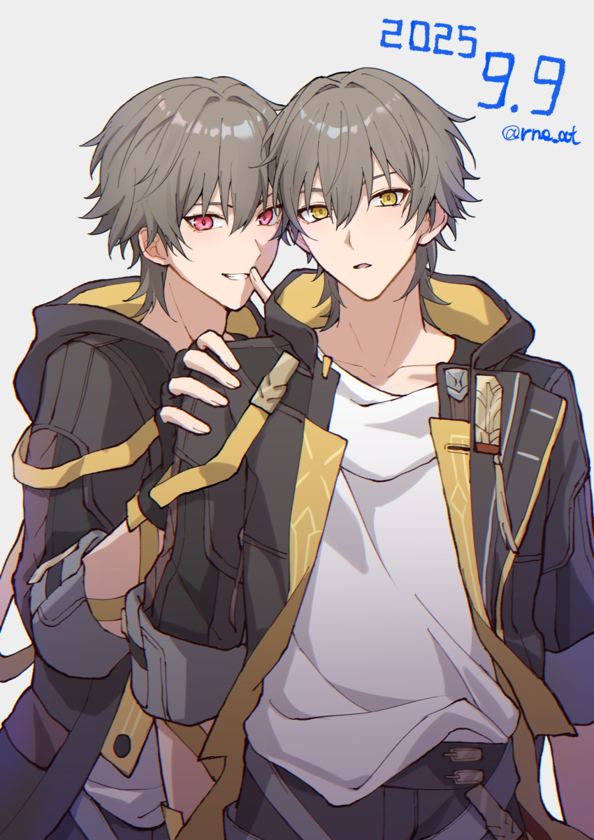 Safebooru - 2boys arm ribbon artist name black coat black gloves black ...