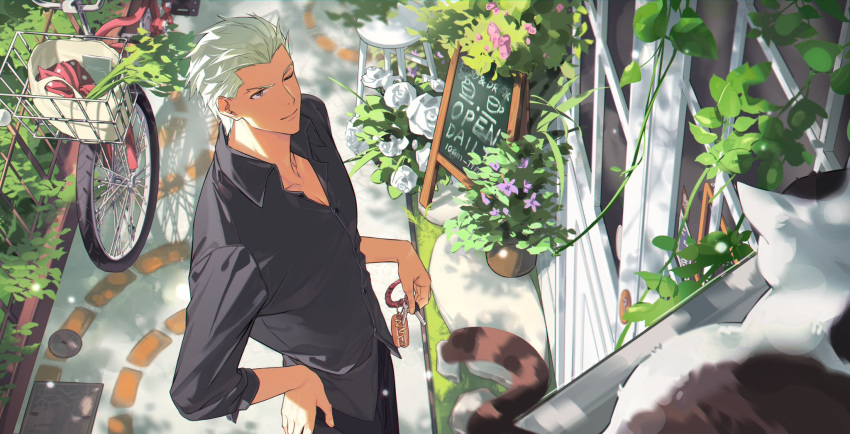 Safebooru - 1boy archer (fate) bicycle black shirt cat dark-skinned ...