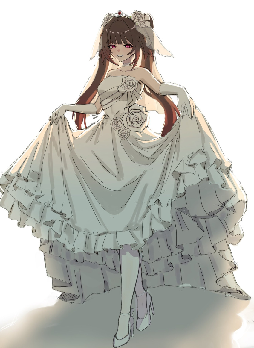 Safebooru - 1girl :d alternate costume black hair blunt bangs breasts bridal veil bride flower ...