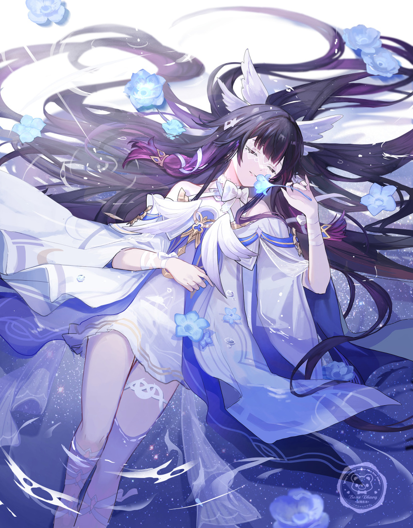 Safebooru - 1girl black hair blue flower closed eyes columbina (genshin impact) dress flower ...