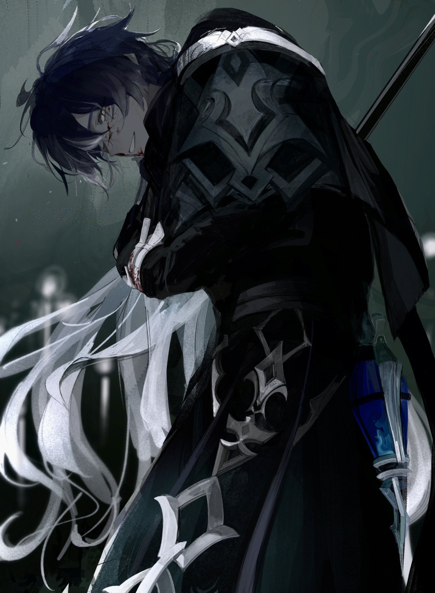 Safebooru - 1boy blood blood on face blue hair co6 3g flins (genshin ...
