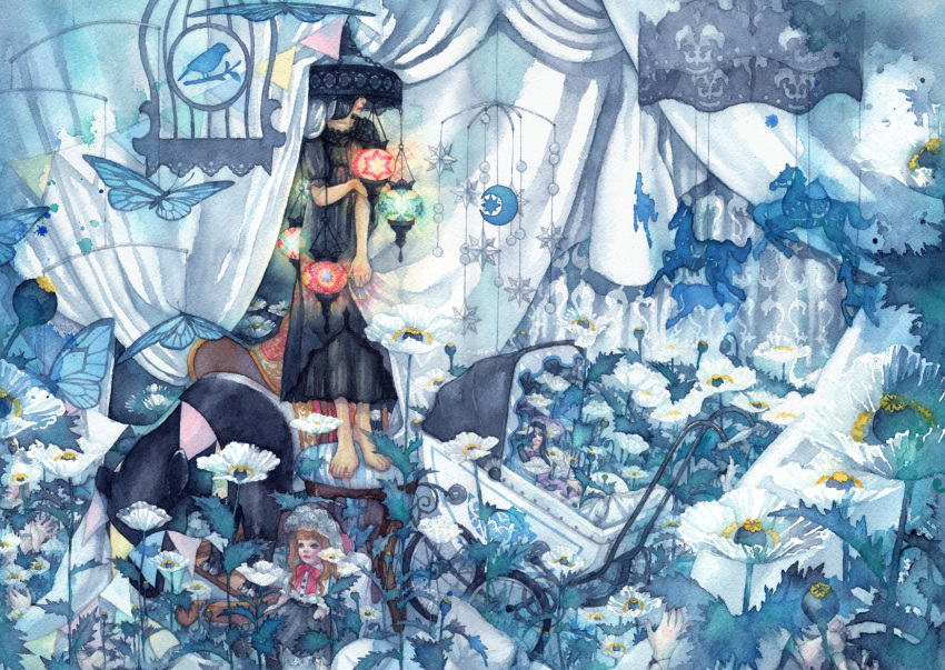 Safebooru - 1girl animal barefoot black dress black hair butterfly ...