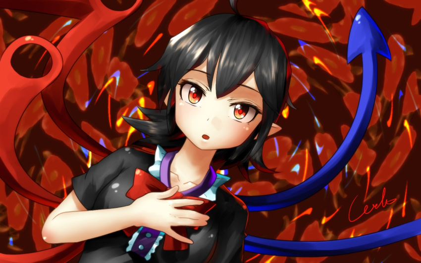 Safebooru - 1girl :o asymmetrical wings black hair bowtie dress hand on ...