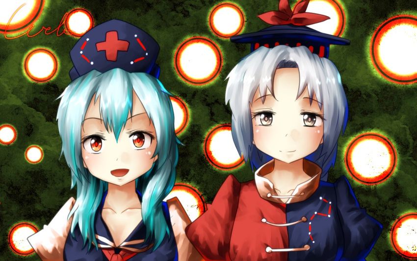 Safebooru - 2girls blue hair dress headwear switch kamishirasawa keine ...