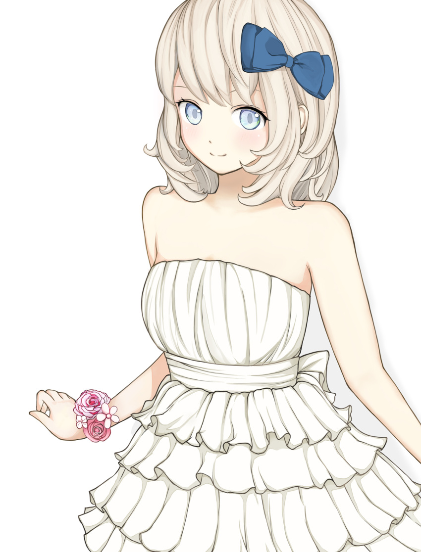 Safebooru - 1girl bare shoulders blonde hair blue eyes blush bow dress hair bow highres original ...