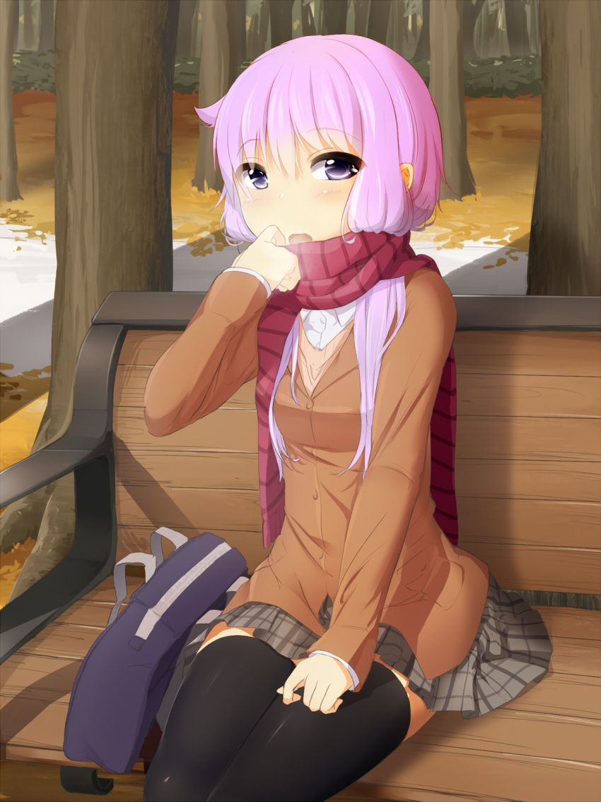 Safebooru - 1girl abmayo autumn leaves bag bangs bench black legwear blush breath bush buttons ...