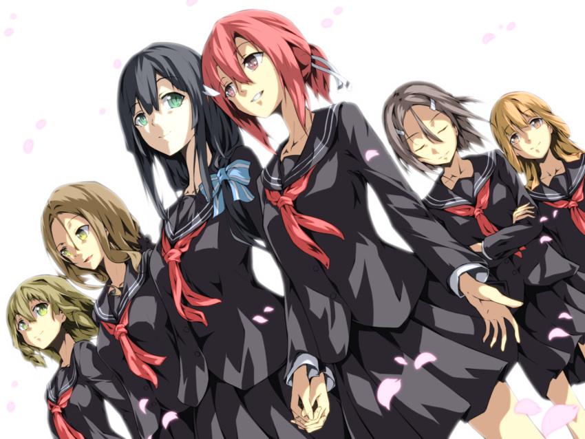 Safebooru - 6+girls artist request black serafuku group picture highres holding hands inubouzaki ...