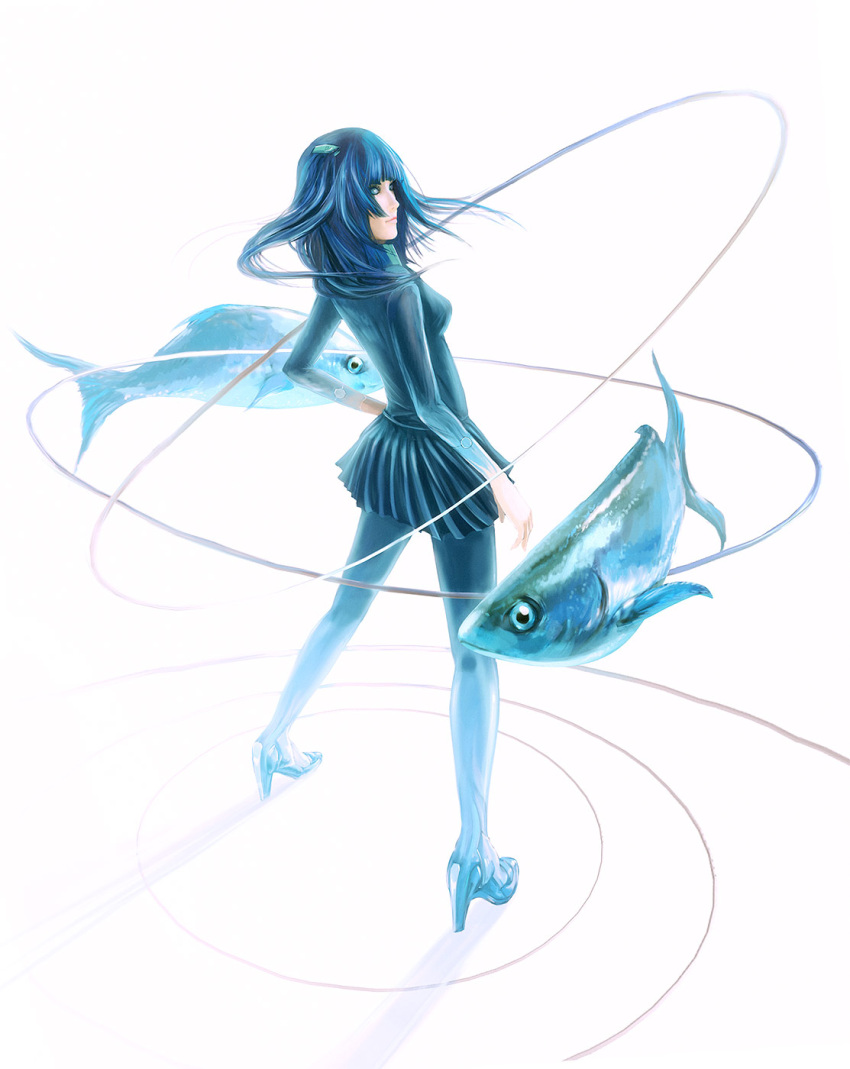 Safebooru - bad id blue eyes blue hair fish flying fish high heels ...