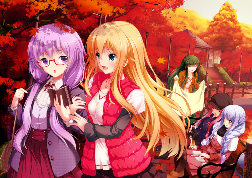 Safebooru - 5girls ^ ^ alternate costume architecture autumn autumn leaves bag bangs bench black ...