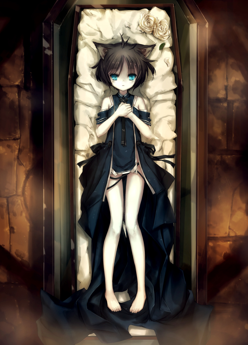 Safebooru - 1girl ahoge animal ears bare legs bare shoulders barefoot black hair blue dress blue ...