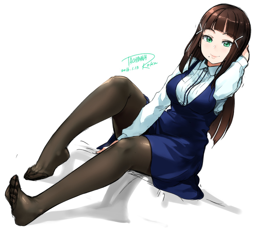 Safebooru - 1girl arm behind head artist name bangs between legs black legwear blunt bangs ...