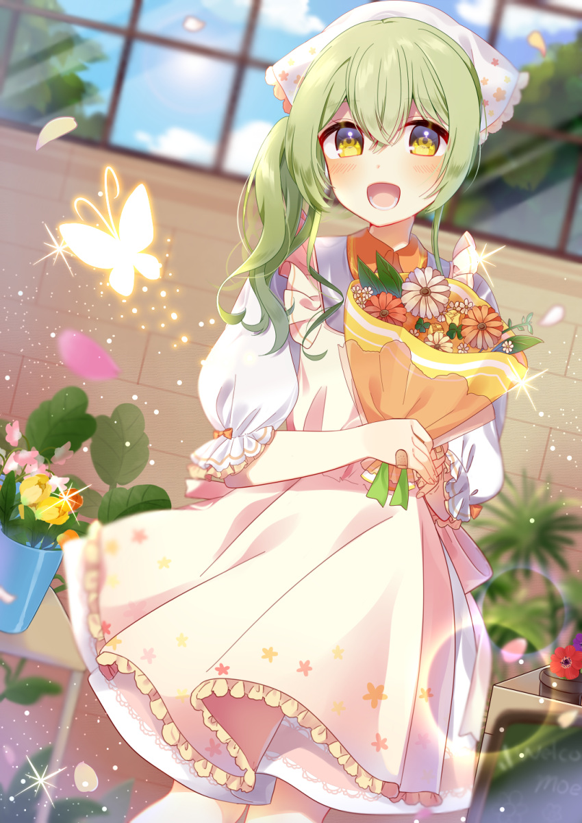 Safebooru - 1girl butterfly flower green hair happy highres long hair ...