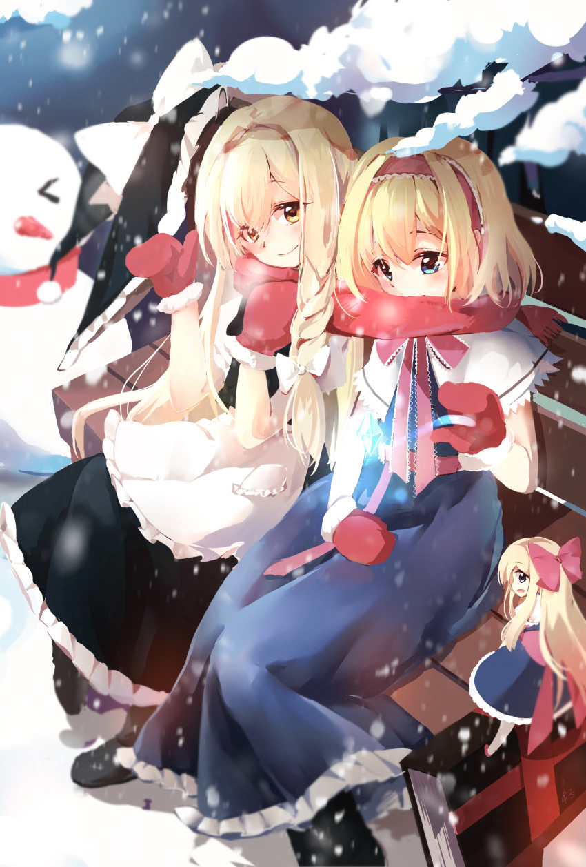 Safebooru - 2girls absurdres alice margatroid apron ascot bench blonde hair blue eyes blush book ...