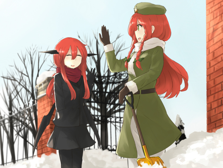 Safebooru - 2girls black gloves black legwear blue sky braid closed ...