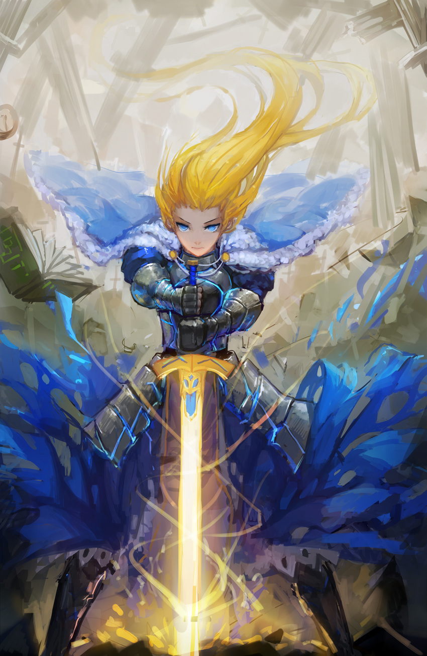 Safebooru - 1girl armor armored dress blonde hair blue eyes book breastplate cape excalibur fate ...