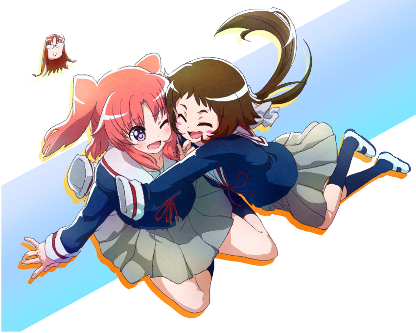 Safebooru - 3girls absurdres blush brown hair calpara chibi glomp highres hug long hair looking ...