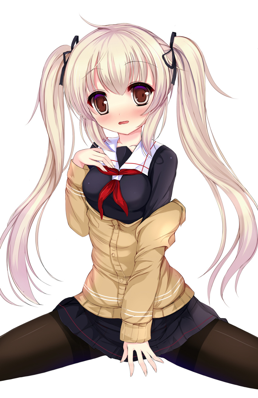 Safebooru - 1girl black legwear black serafuku black skirt breasts brown eyes cardigan hair ...