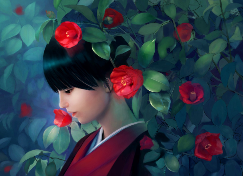 Safebooru - 1girl bangs black hair flower from side hajime (elan787 ...