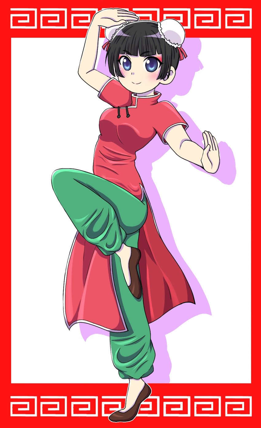 Safebooru - 1girl black hair blue eyes bun cover china dress chinese ...