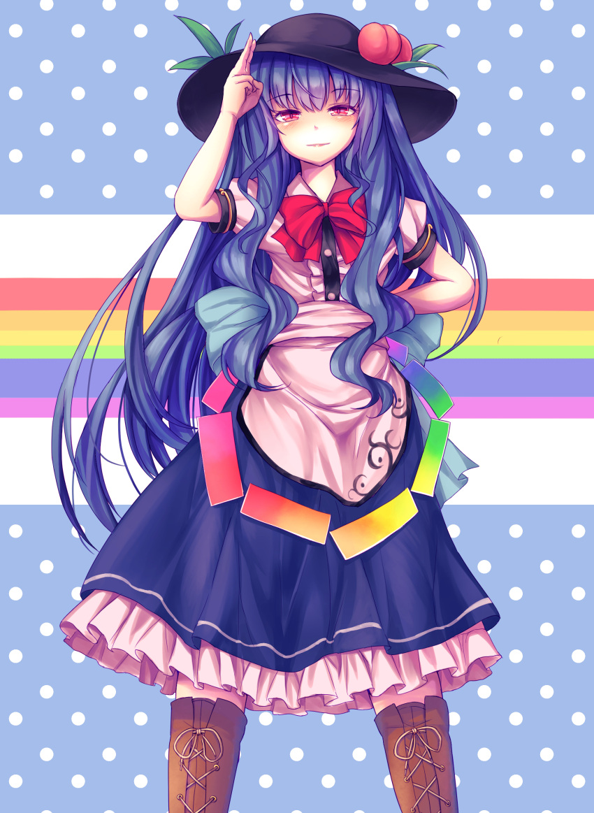 Safebooru - 1girl absurdres arm up blue hair blue skirt blush boots brown boots cross-laced ...